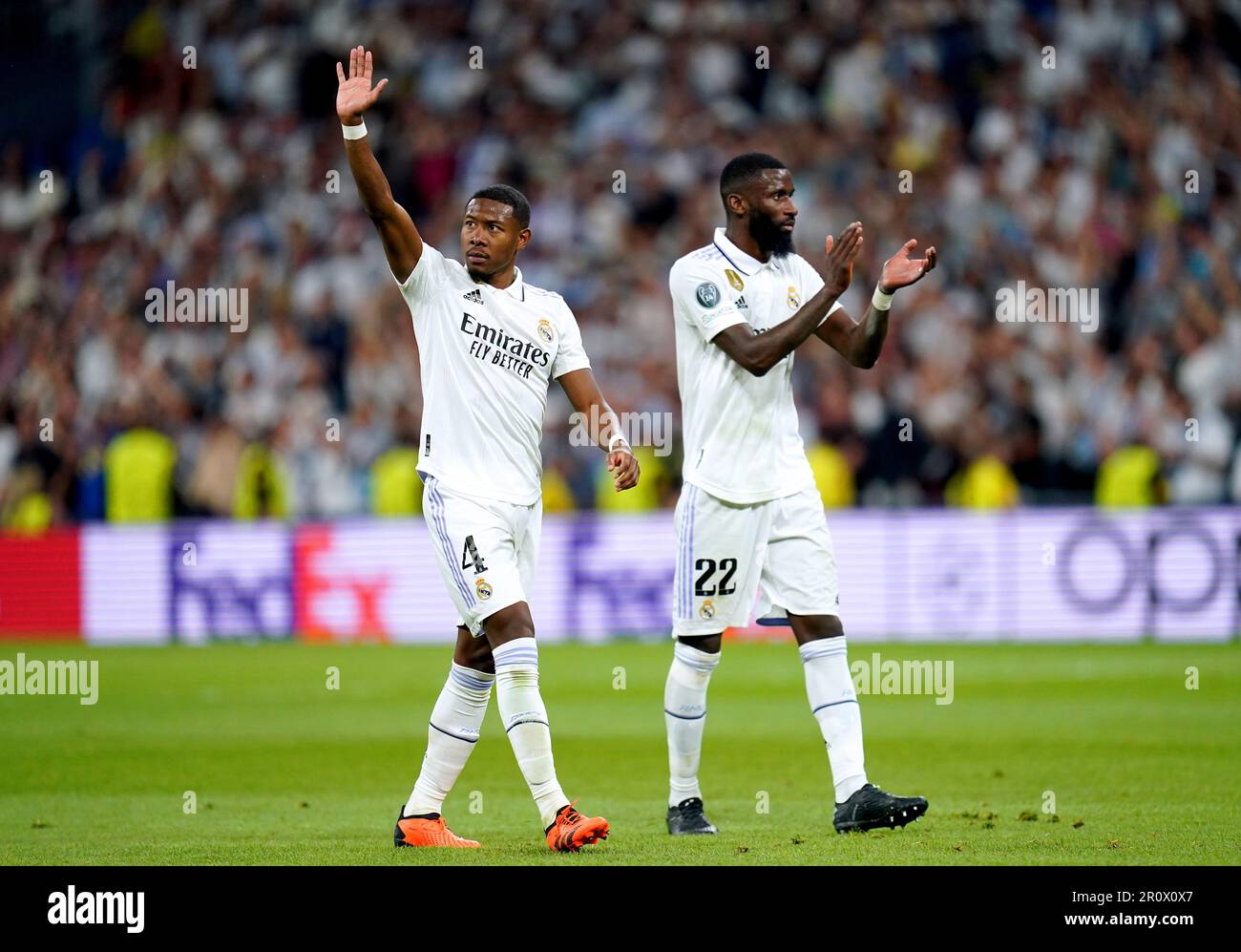 Real Madrid's Antonio Rudiger and David Alaba acknowledge the fans at ...