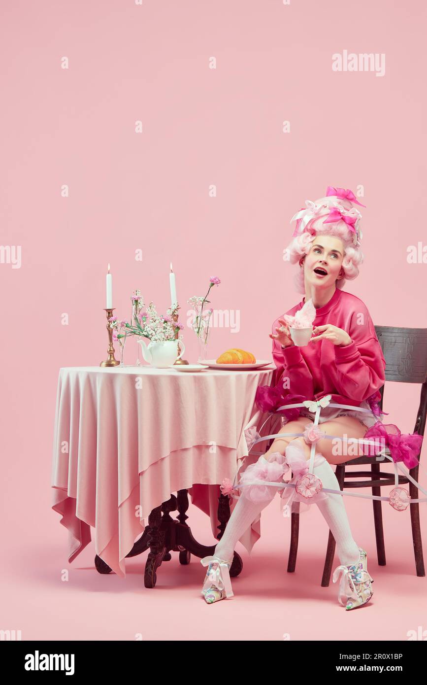 Portrait with funny princess, queen wearing elegant clothes and wig ...