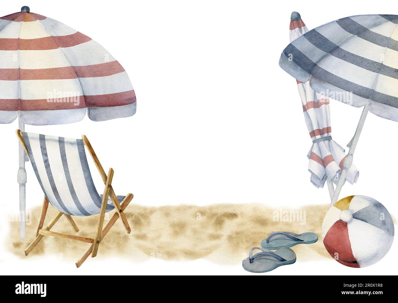 Hand Drawn Watercolor Composition Striped Beach Accessories Umbrellas