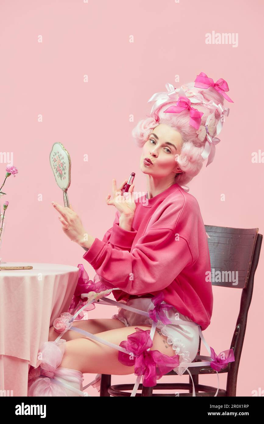 Portrait with charming princess, queen wearing big wig holding hand ...