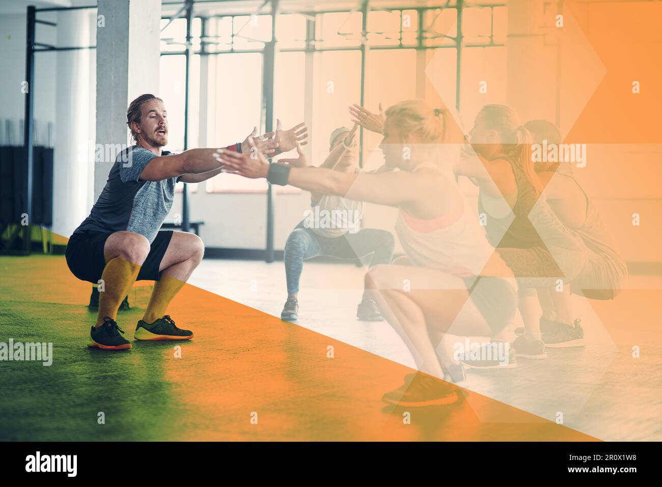 Fitness group, personal trainer and squat exercise, workout and ...