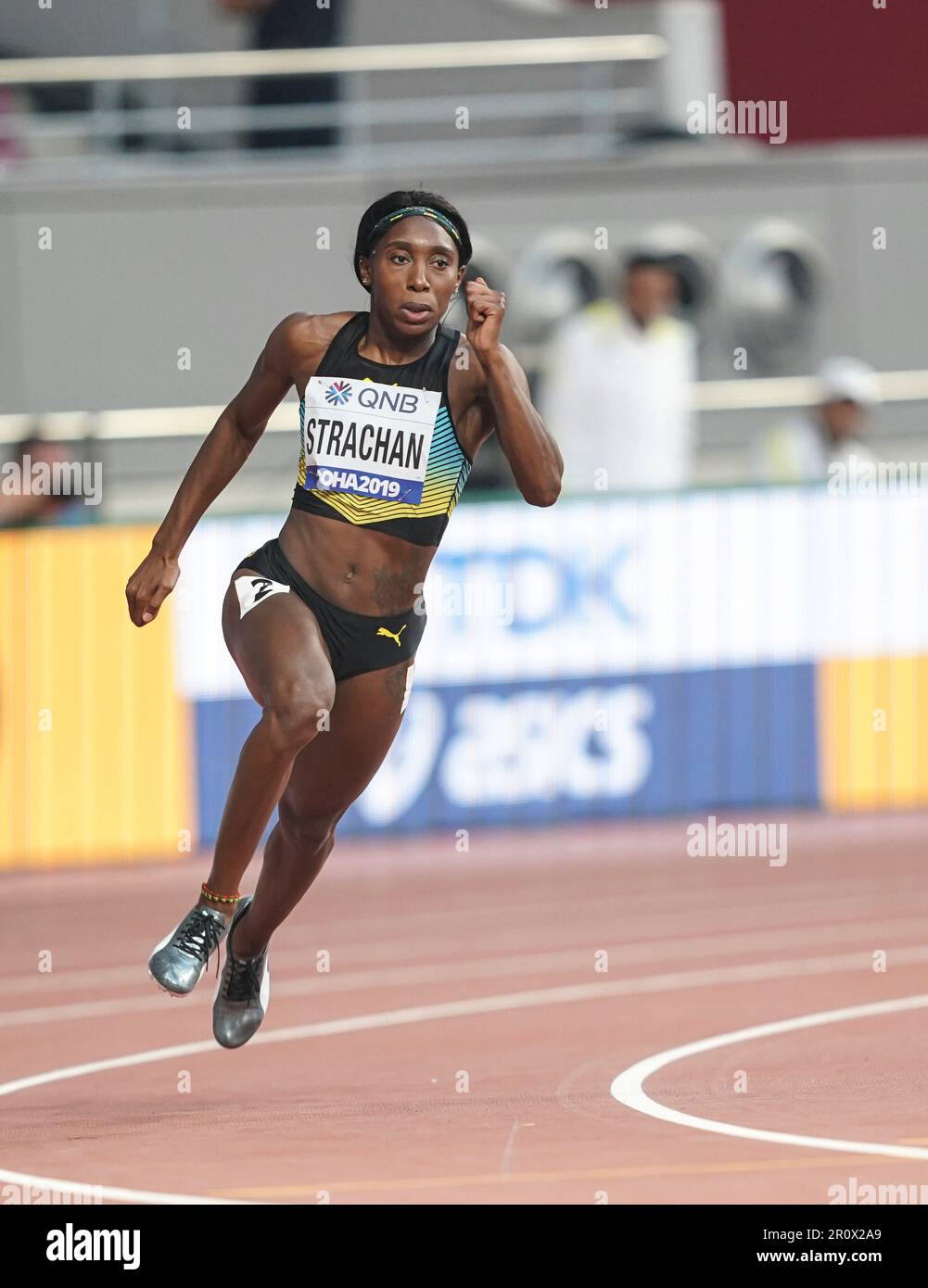 Anthonique Strachan running the 200m at the 2019 World Athletics ...