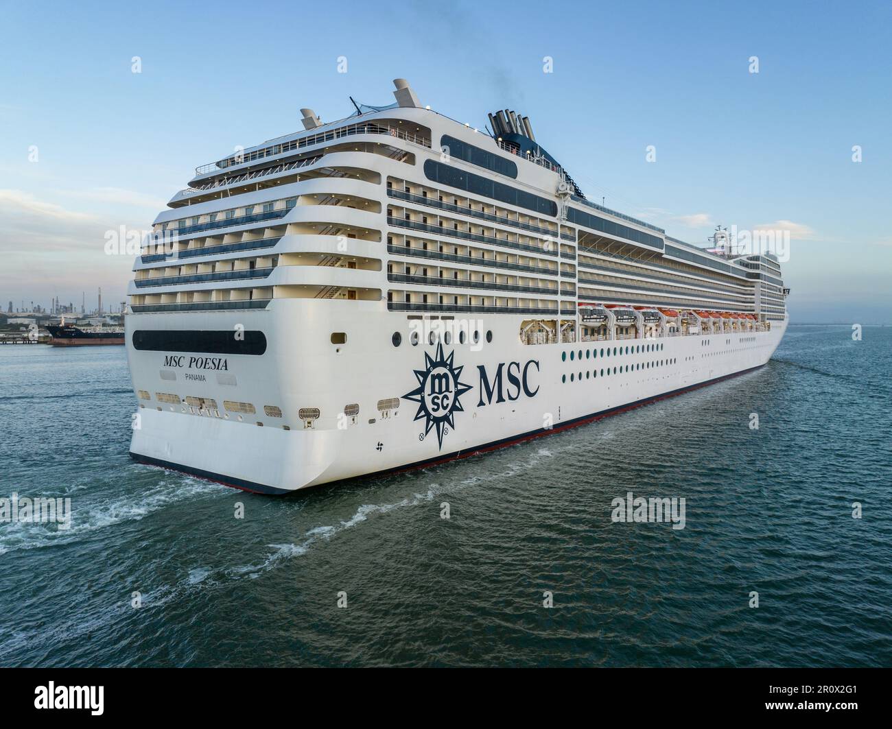 Aerial view of MSC Poesia cruise ship owned and operated by MSC Cruises ...