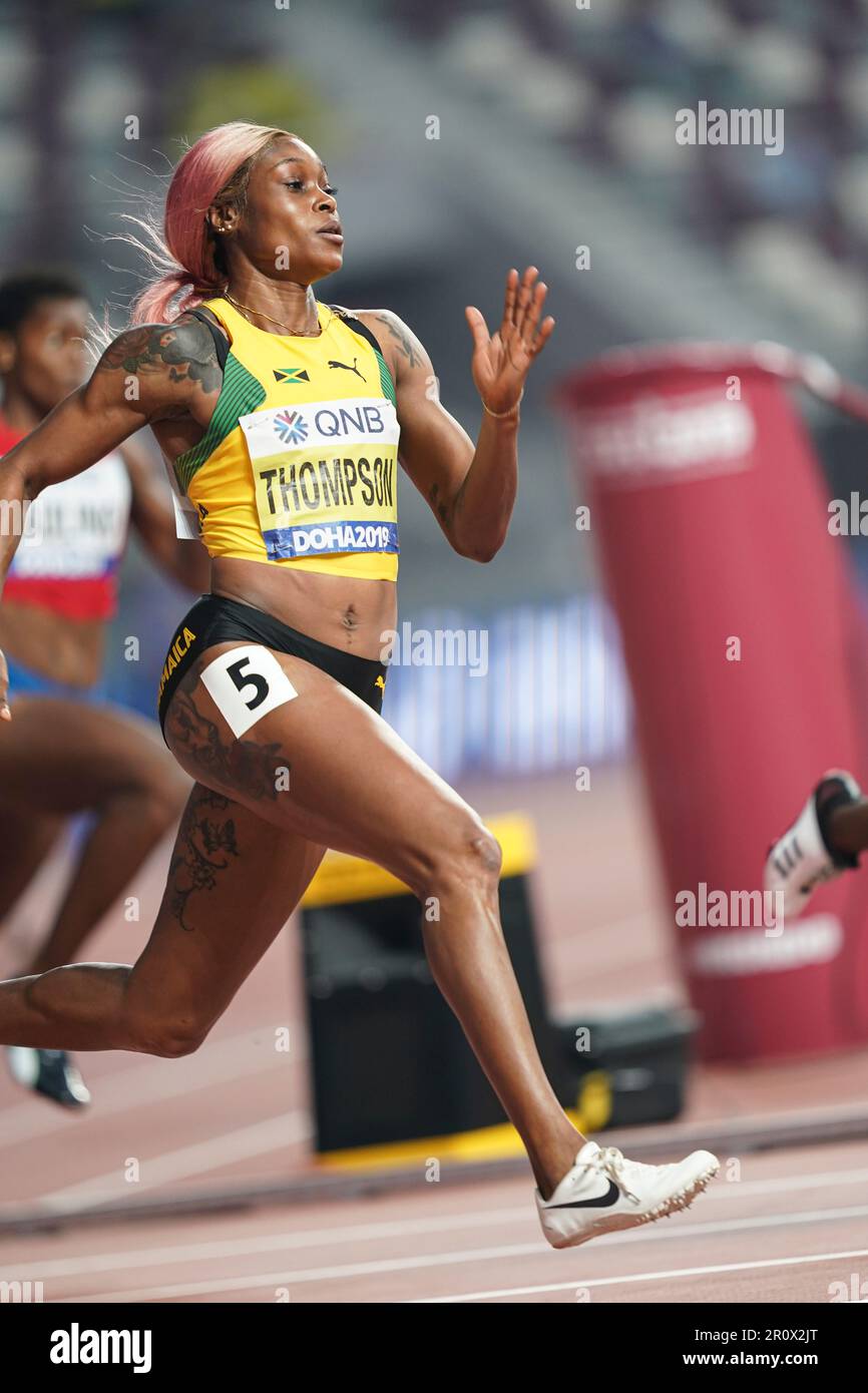 Elaine Thompson running the 200m at the 2019 World Athletics ...