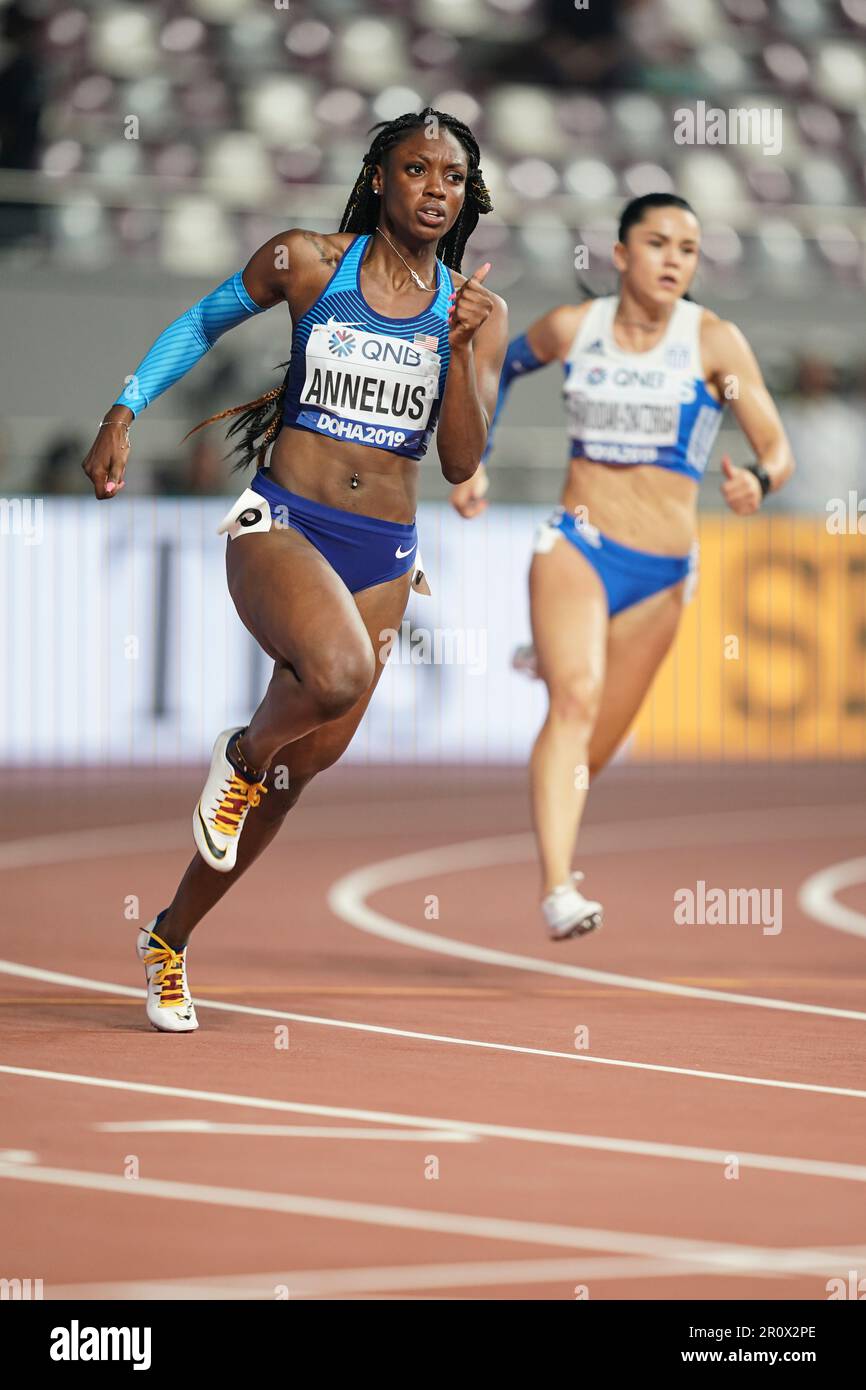 Anglerne Annelus running the 200m at the 2019 World Athletics ...