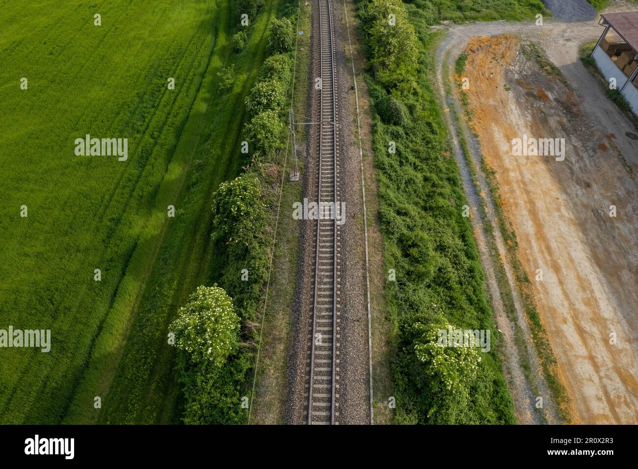 Flying over railway tracks, top view. Railway track tracks line ...