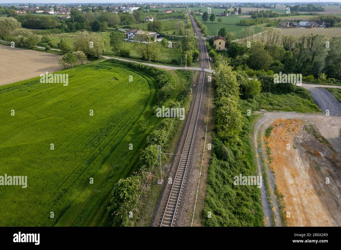 Flying over railway tracks, top view. Railway track tracks line ...