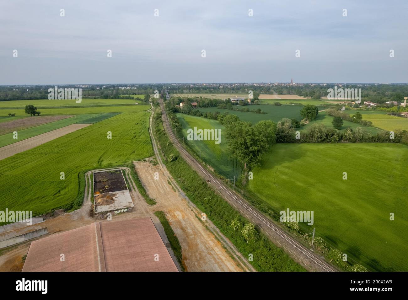 Flying over railway tracks, top view. Railway track tracks line ...