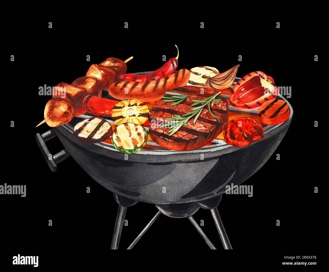 Watercolor barbecue meat, bbq steak beef, vegetable slices on the black ...