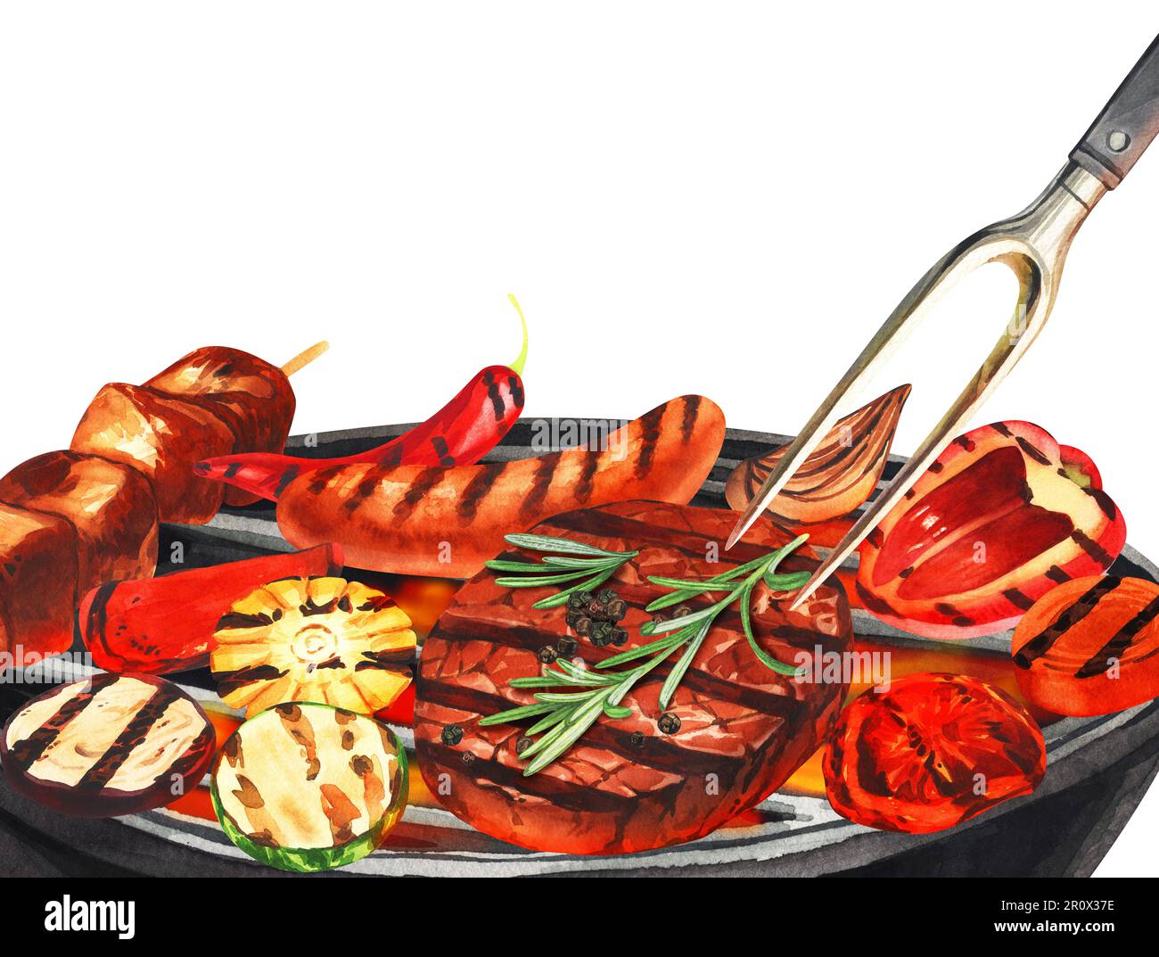 Watercolor barbecue meat, bbq steak beef, vegetable slices, black ...