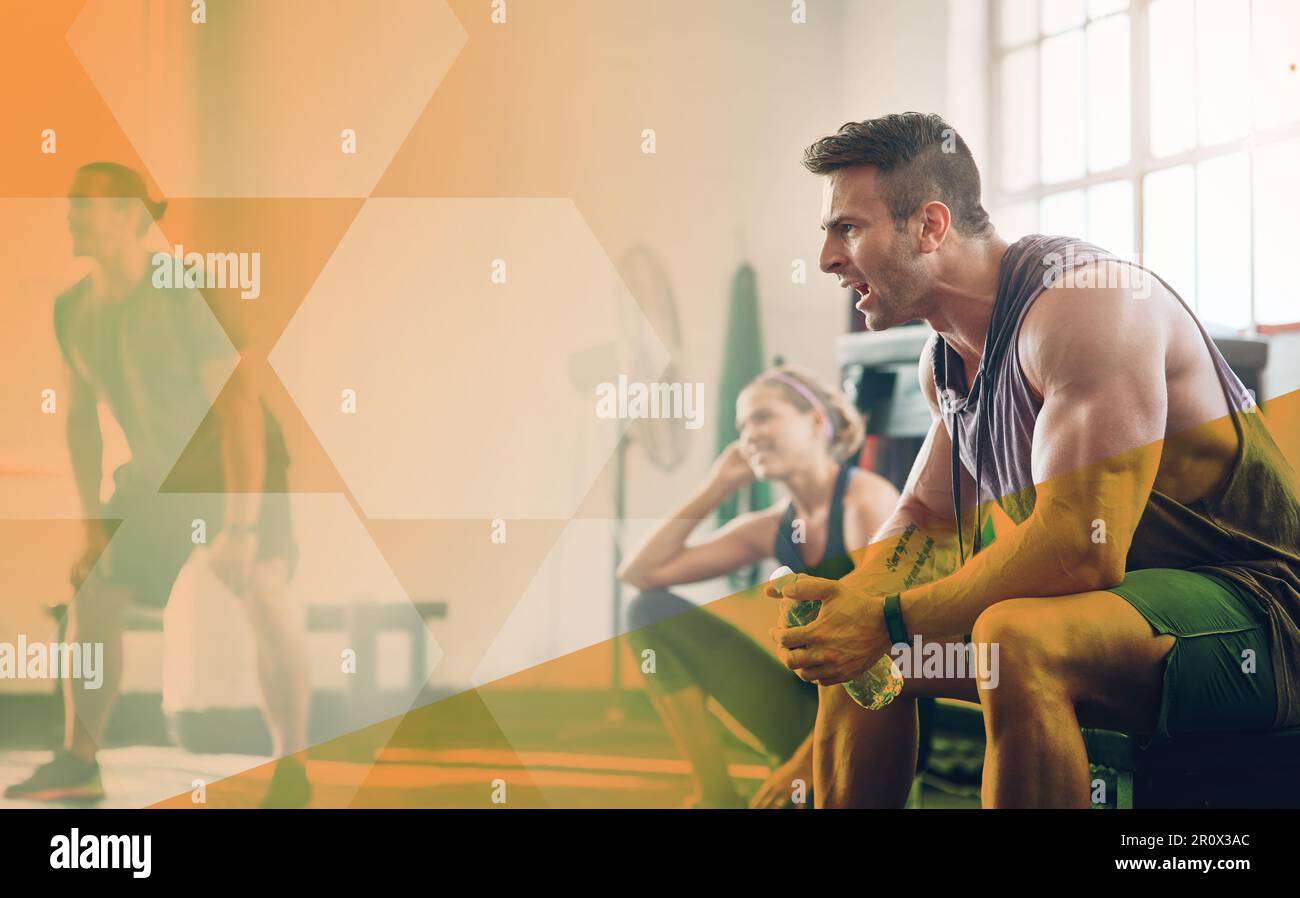 Fitness, man and shout for motivation at gym with group of people ...