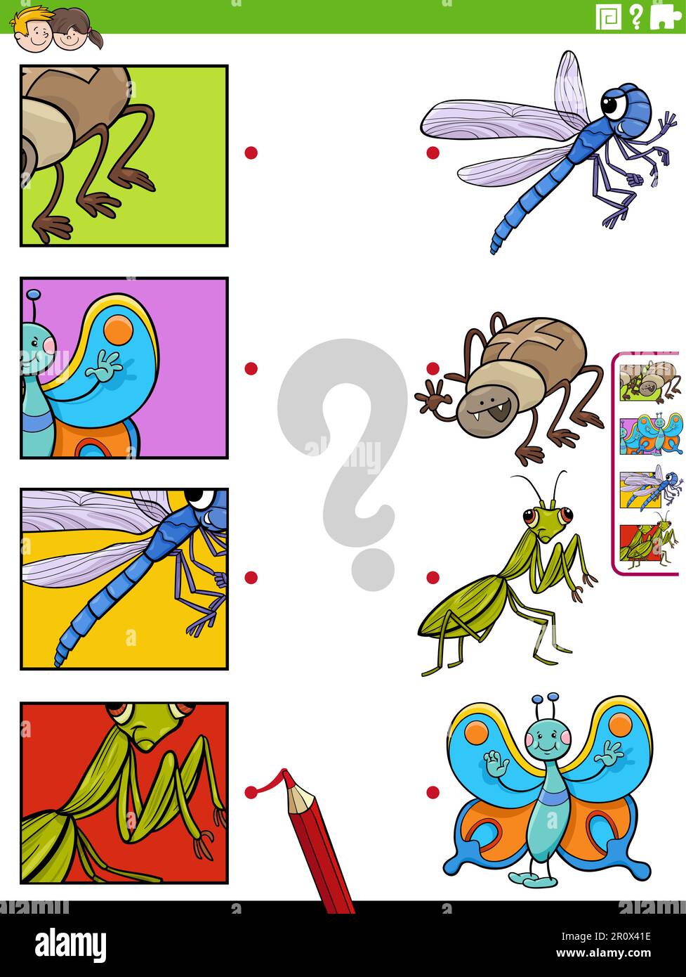 Cartoon illustration of educational matching task with insects animal ...
