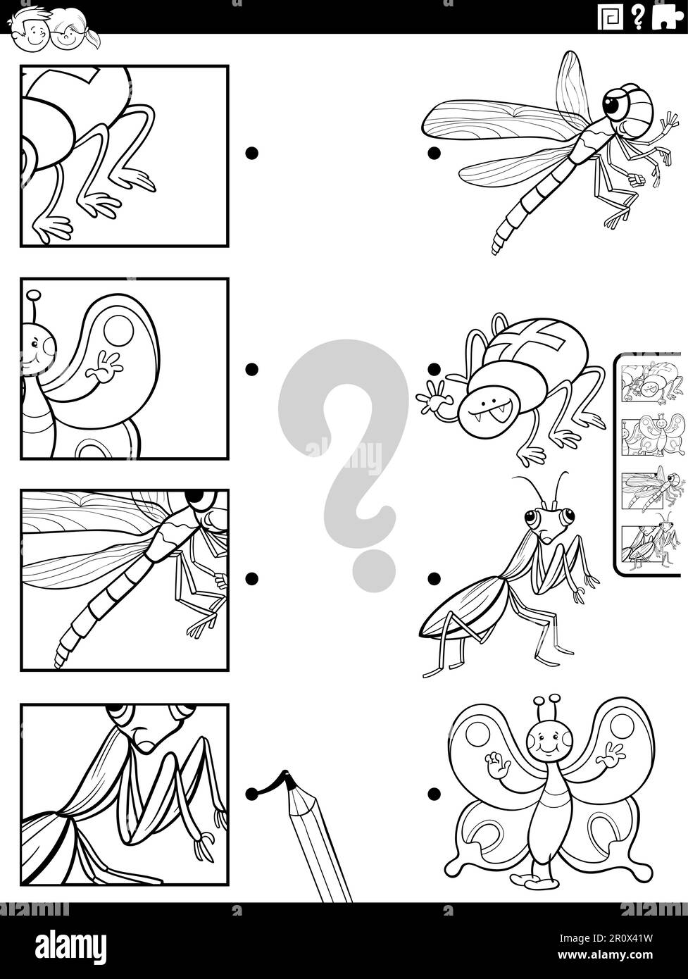 Black and white cartoon illustration of educational matching task with ...