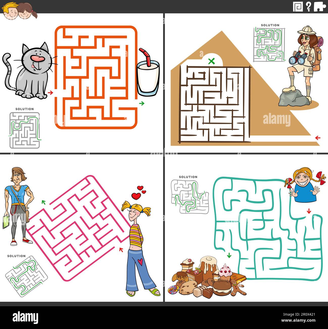 Cartoon illustration of educational maze puzzle games set with comic ...
