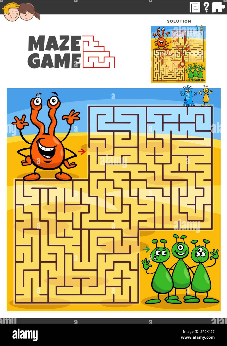 Cartoon illustration of educational maze puzzle activity with funny ...