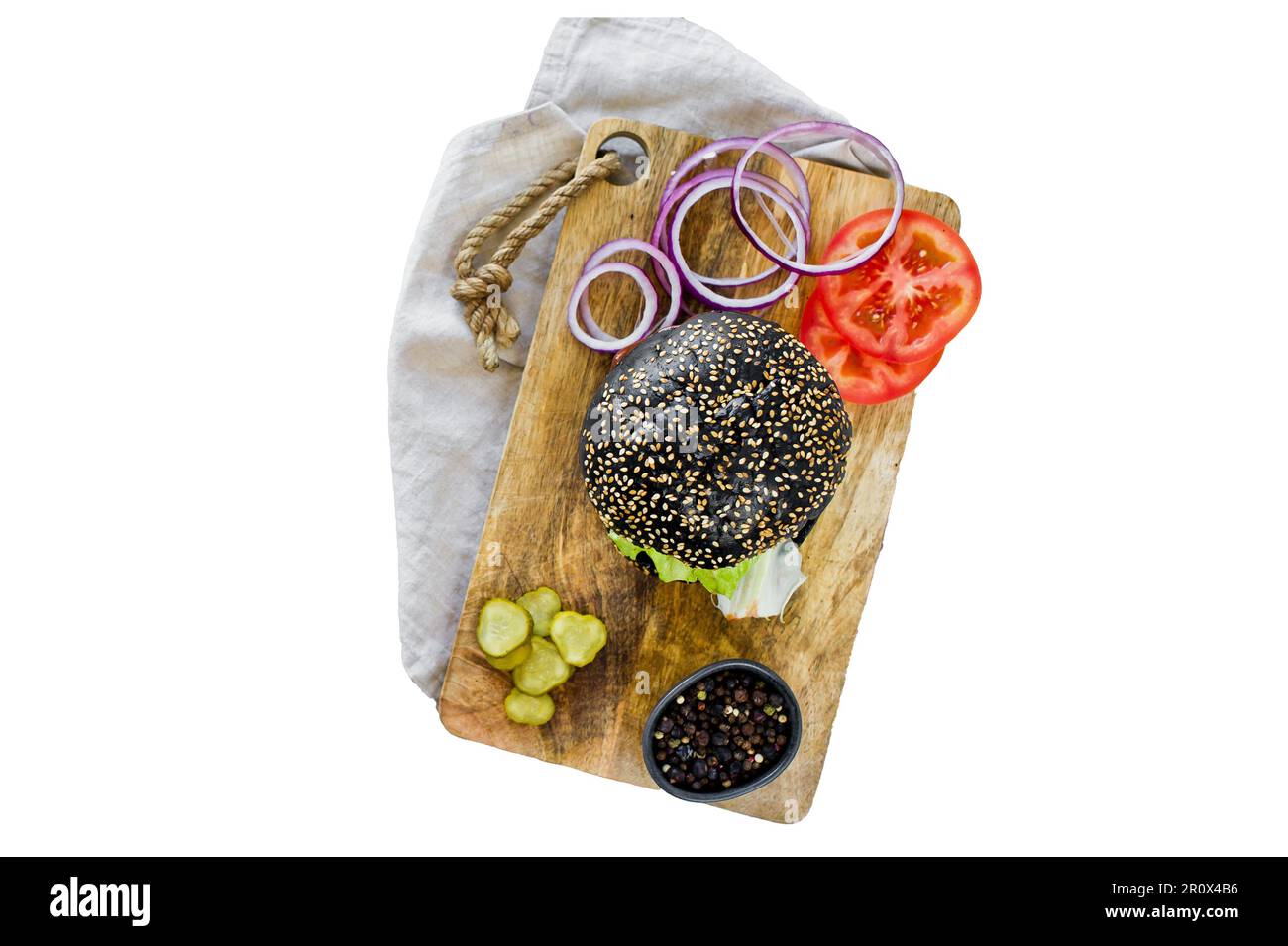 Juicy double black Burger on a wooden chopping Board. Isolated on white ...