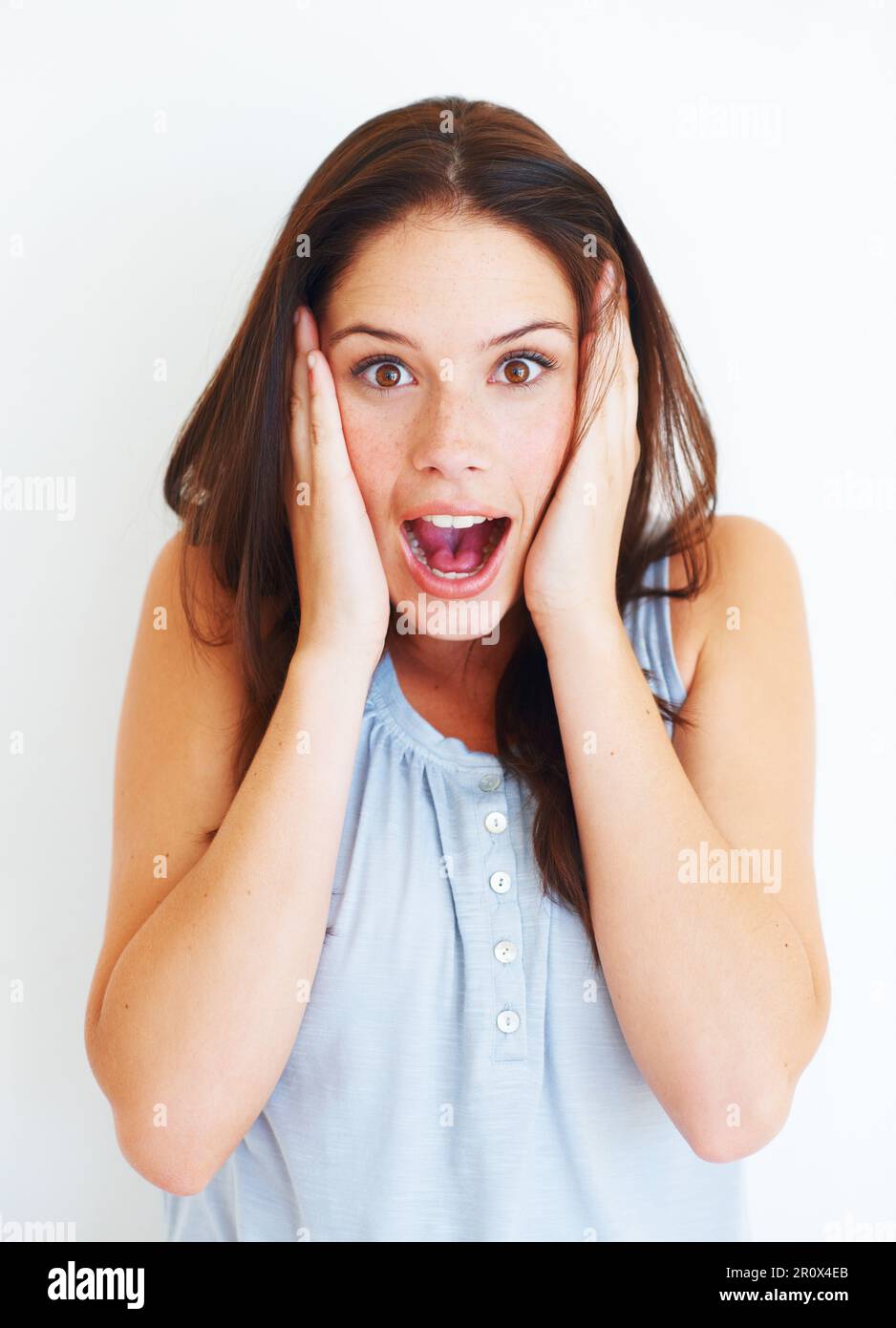 Portrait, surprise and shocked woman in studio isolated on a white ...