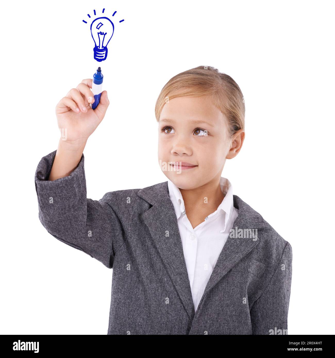 I have a brilliant idea. Adorable young girl standing and drawing a ...