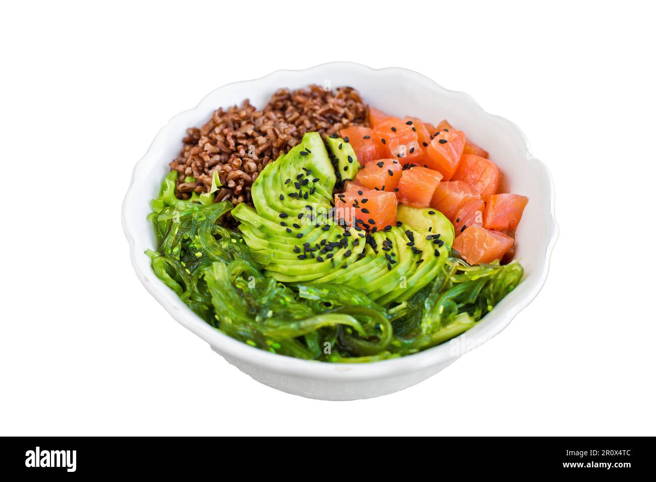 Salmon salad, avocado, brown rice, seaweed. Isolated on white ...