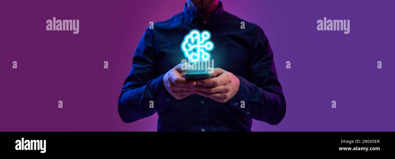 Artificial intelligence progress. Businessman working online with ...