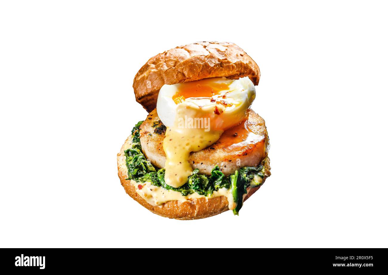 Homemade fish Burger with cod fillet, egg and spinach on a brioche bun ...