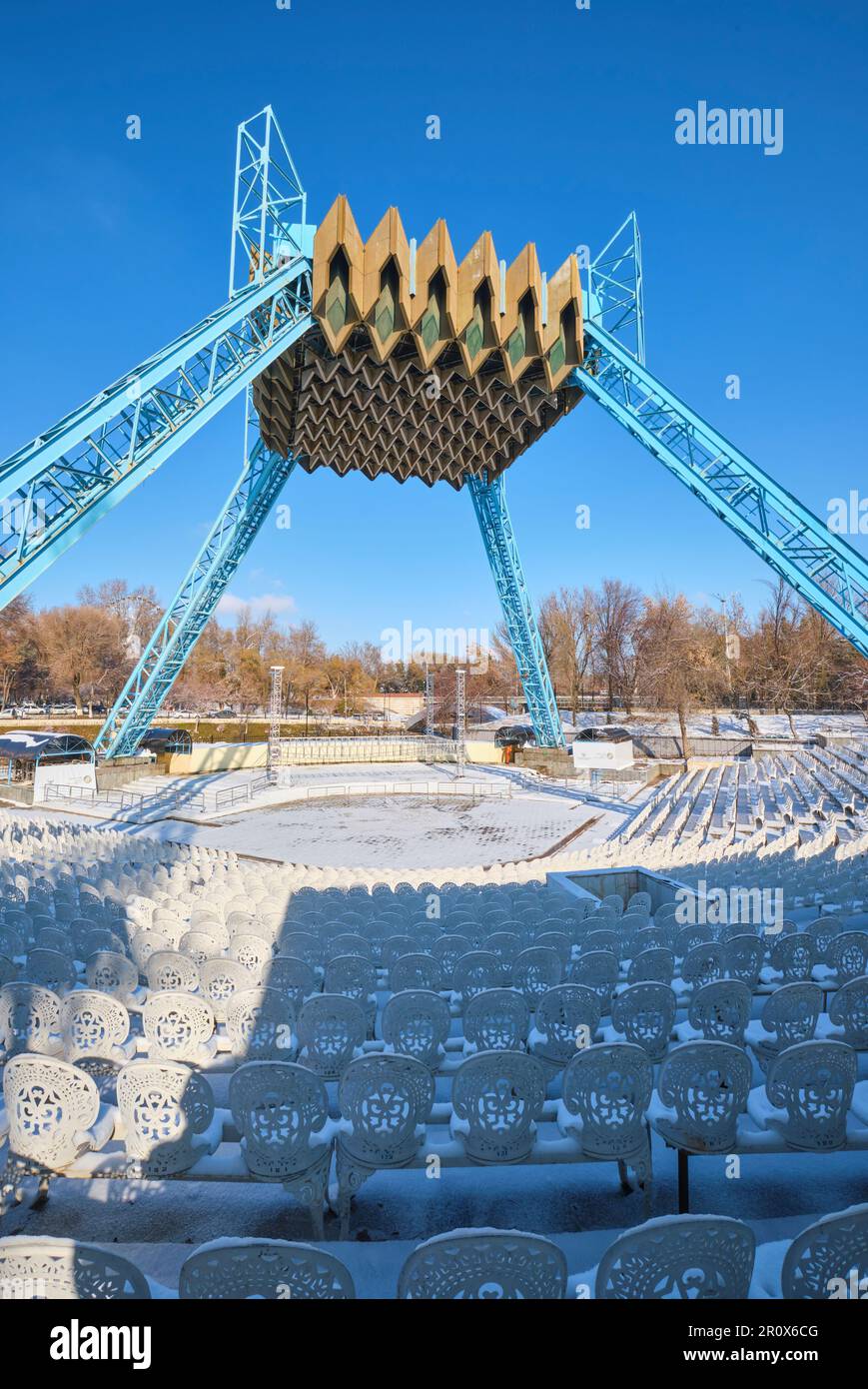View of the modern, Brutalist style, Soviet-Era open air band shell ...