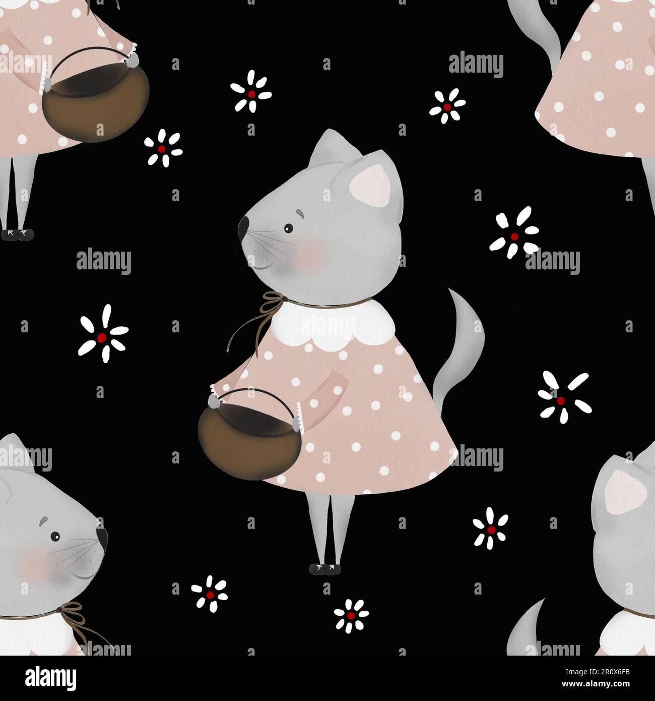 seamless repeat pattern cute kitty and flowers. minimalism in retro ...