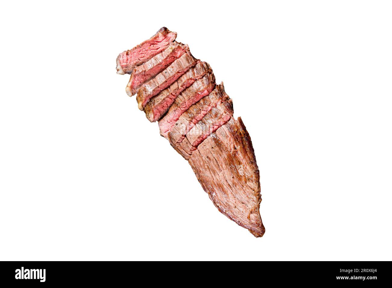Roasted medium rare sliced flank beef steak. Isolated on white ...