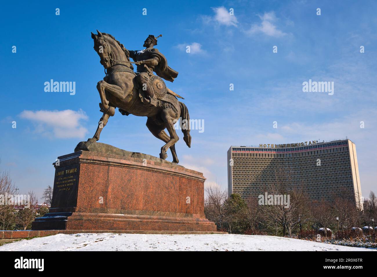 View of the large, horse and leader statue in the middle of Amir Temur ...