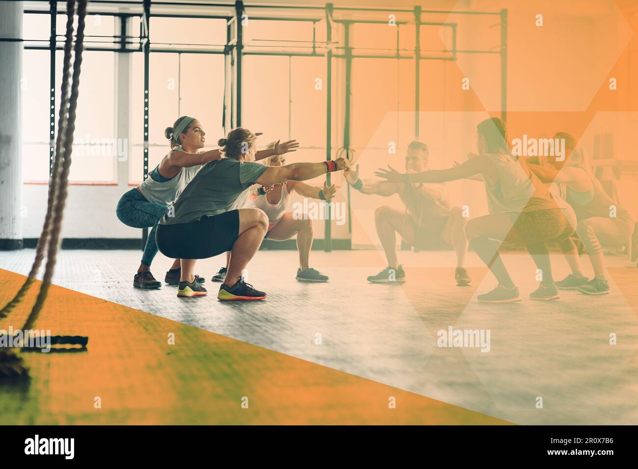 Fitness people, gym and group squat exercise, workout and training in ...