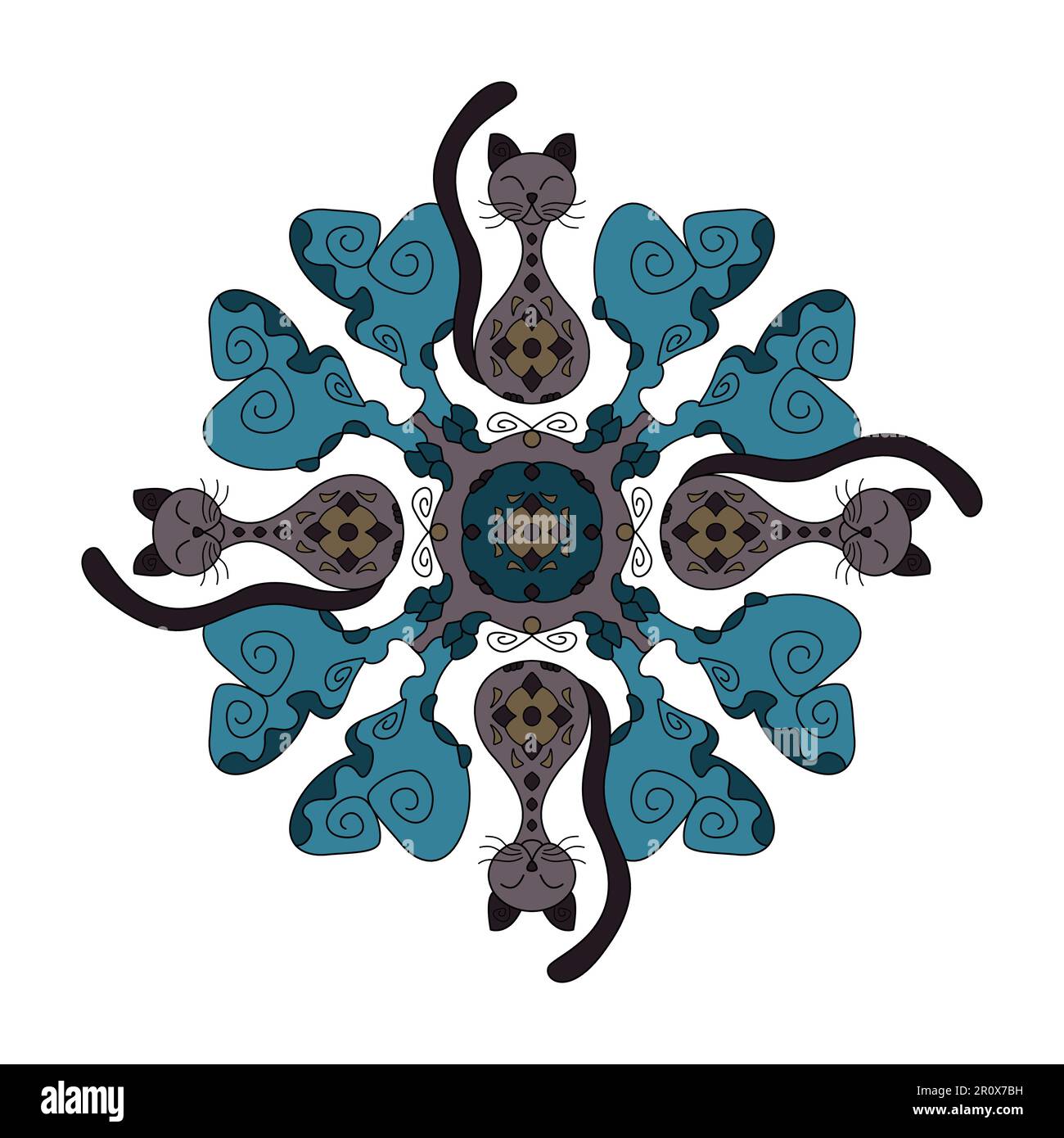 Pattern. Cat Mandala. Cute. Turquoise blue and Brown colors. Vector ...