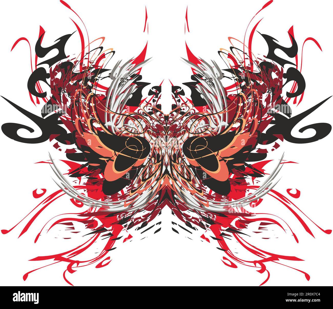 Flaming butterfly wings with floral elements in red-gray- black ...
