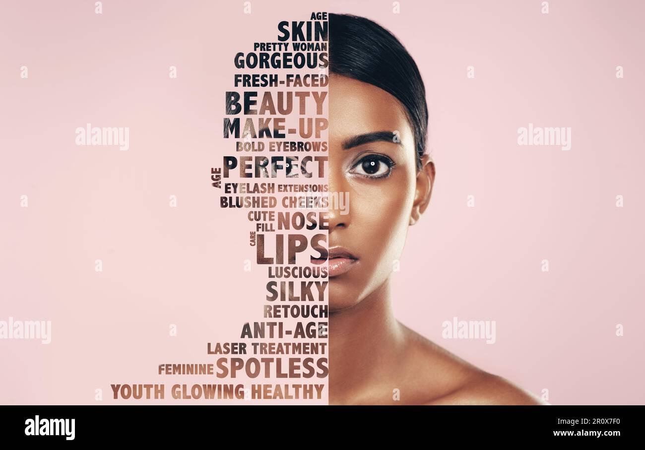 Portrait, beauty words and woman isolated on pastel pink background for ...