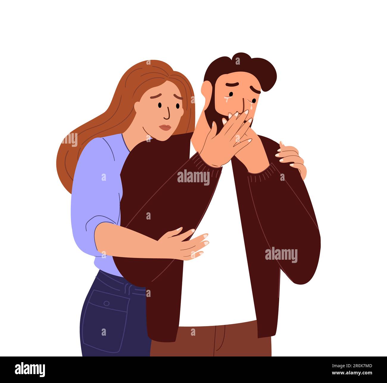 Weak suffering emotional man hiding his tears and grief.Woman hug ...