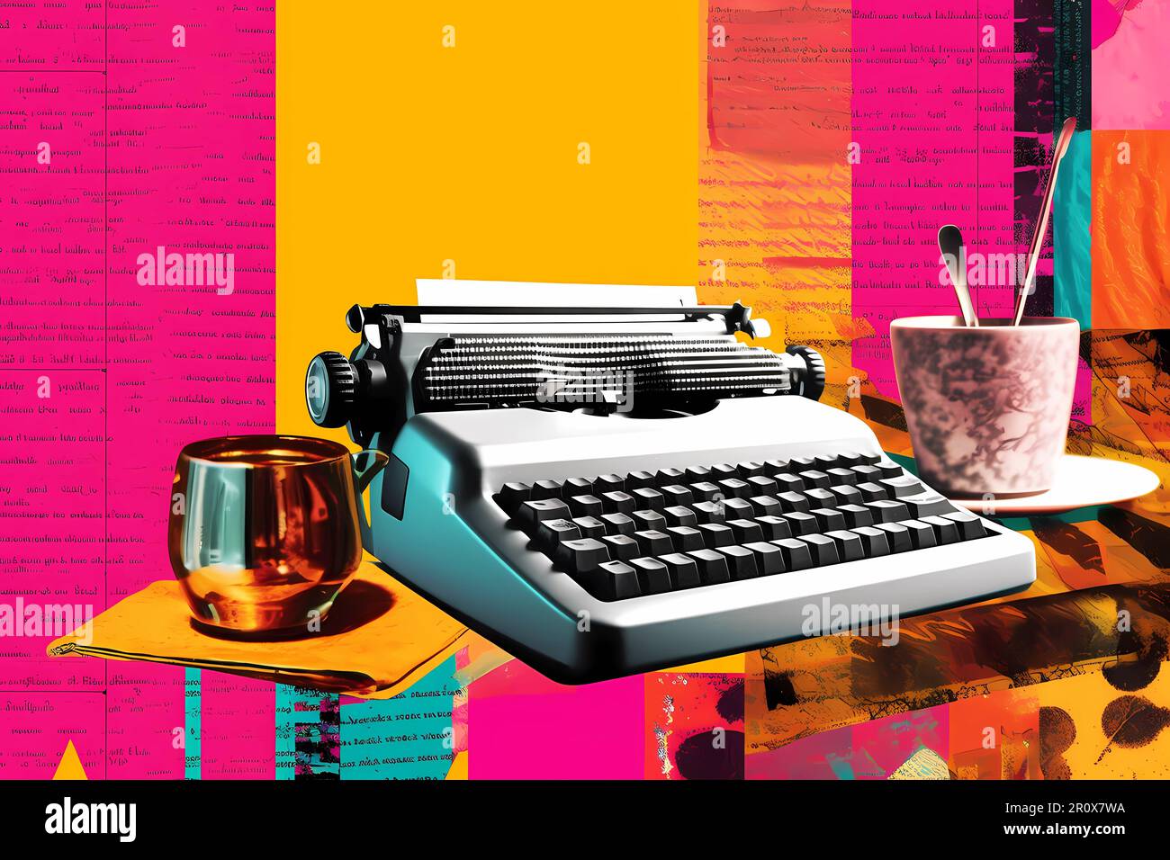 A typewriter with a cup of coffee next to it magazine collage style ...