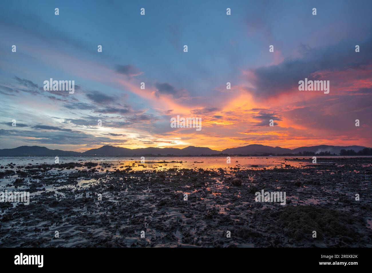 aerial view reflection of colorful cloud in bright sky of sunset above ...