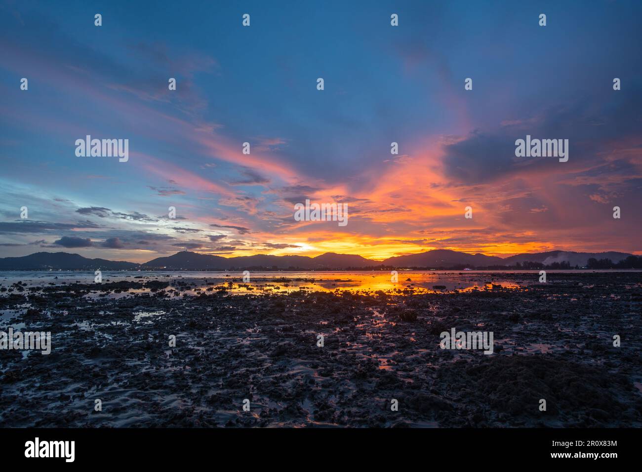 aerial view reflection of colorful cloud in bright sky of sunset above ...