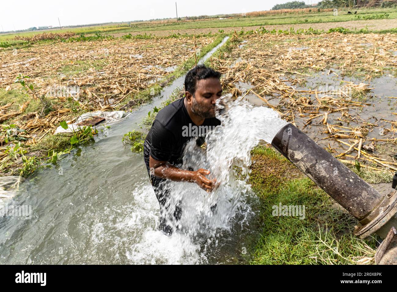 Hygienic cleansing routine in outdoors. Man taking a shower washing ...