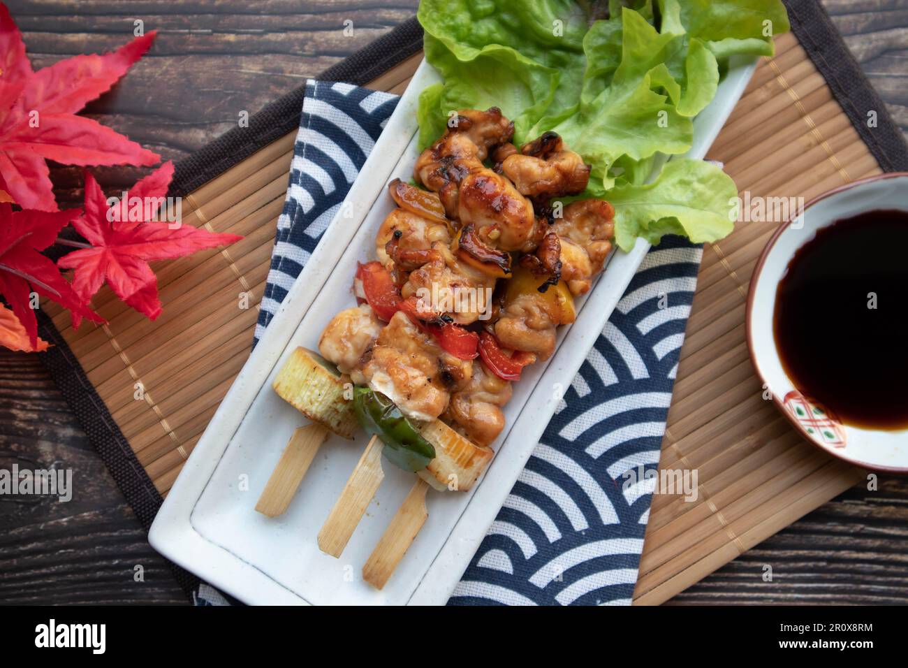 Yakitori - Japanese chicken skewer and steamed egg flat lay on wood ...