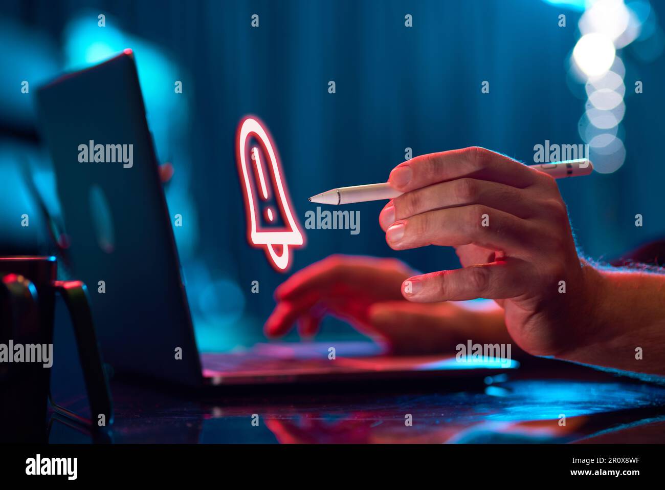 Businessman working on laptop. Digital, holographic icon of ...