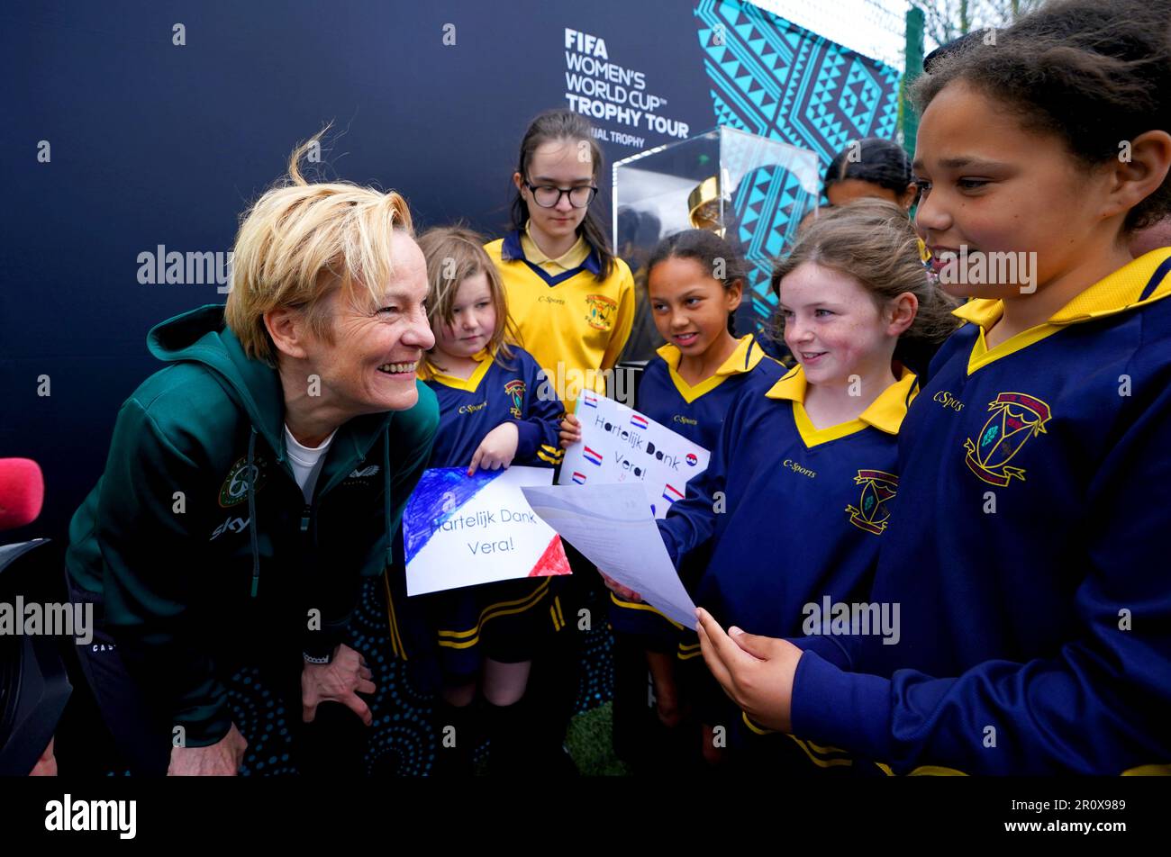 Republic of Ireland manager Vera Pauw speaks to school children from ...