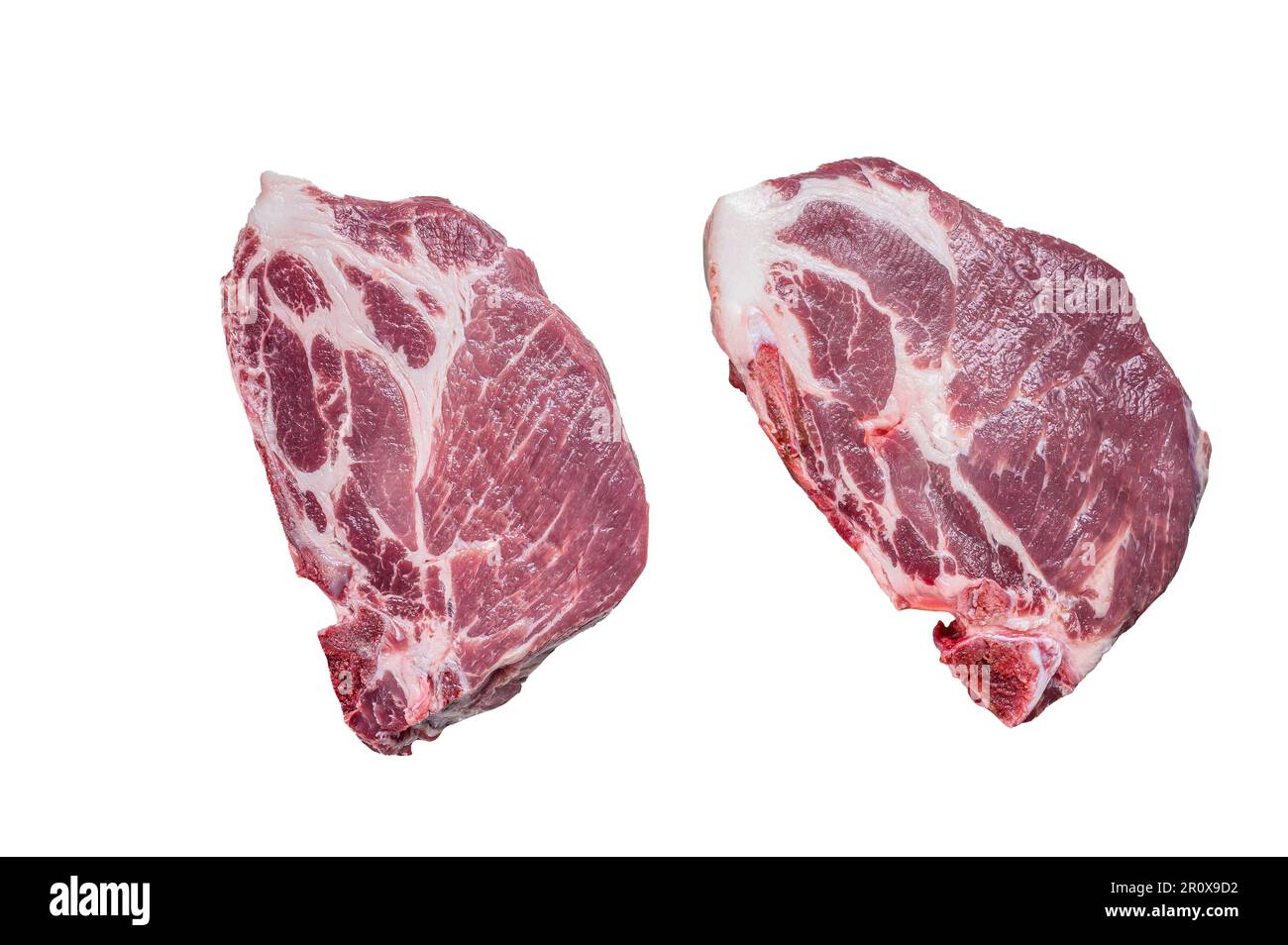 Raw pork neck meat steaks. Isolated on white background Stock Photo - Alamy