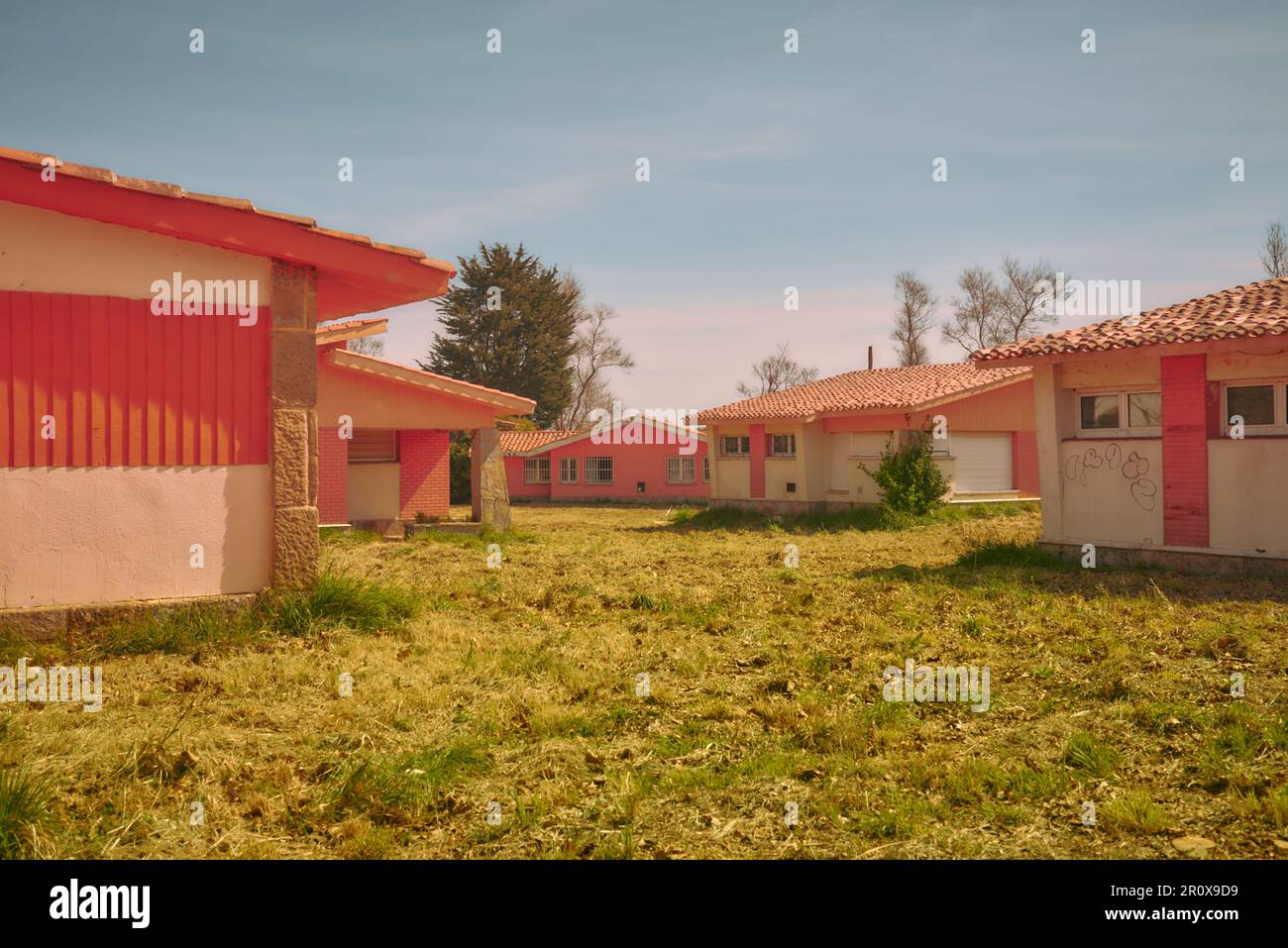 Mid century style abandoned houses of the village Perlora in Asturias ...