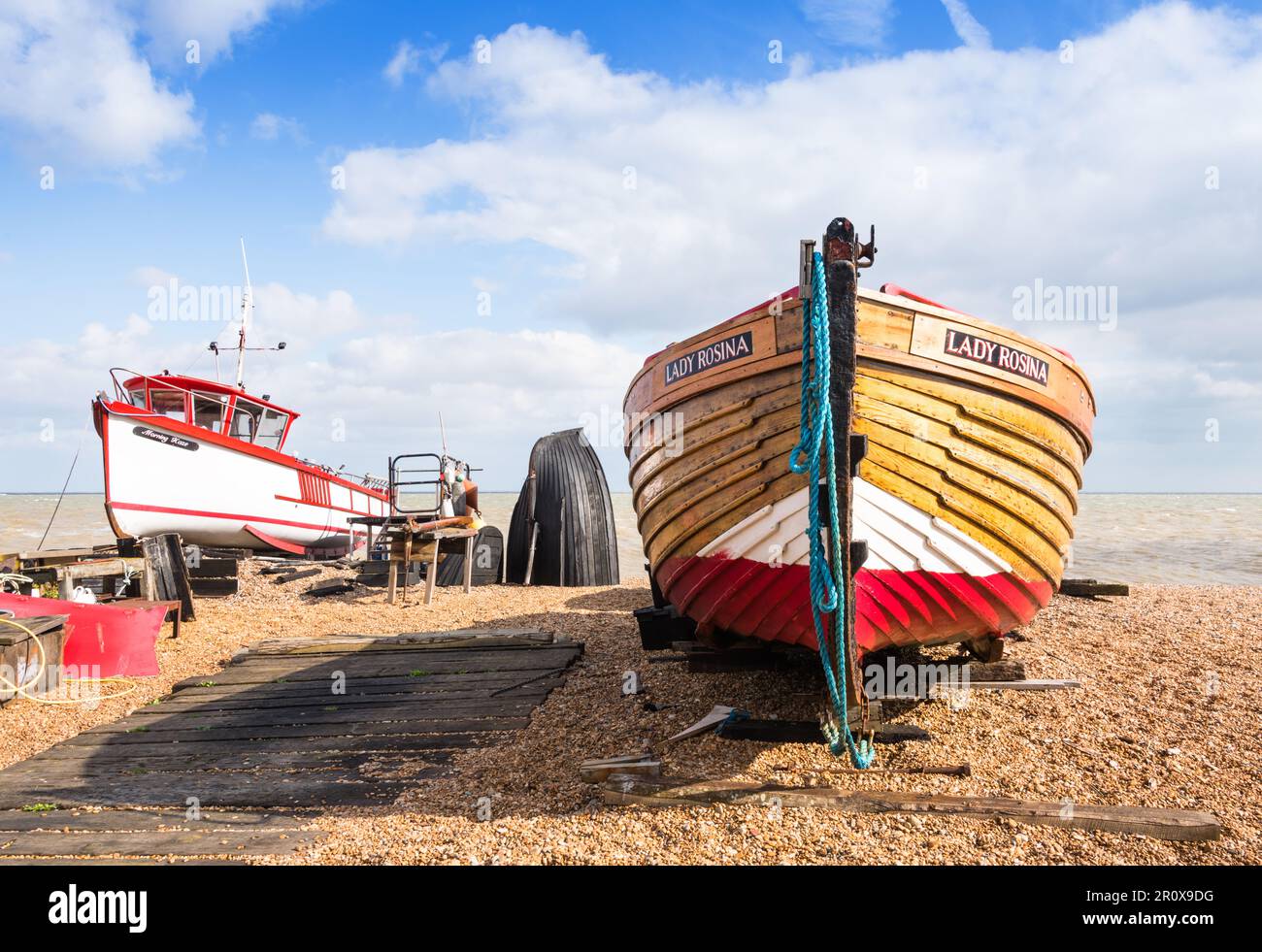 Traditional fishing boats on a shingle beach in Deal, Kent, England ...