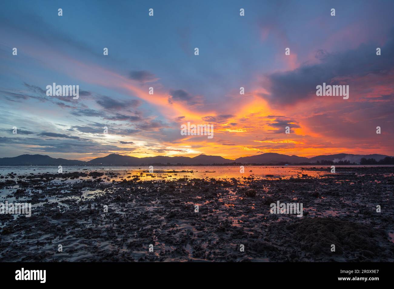 aerial view reflection of colorful cloud in bright sky of sunset above ...