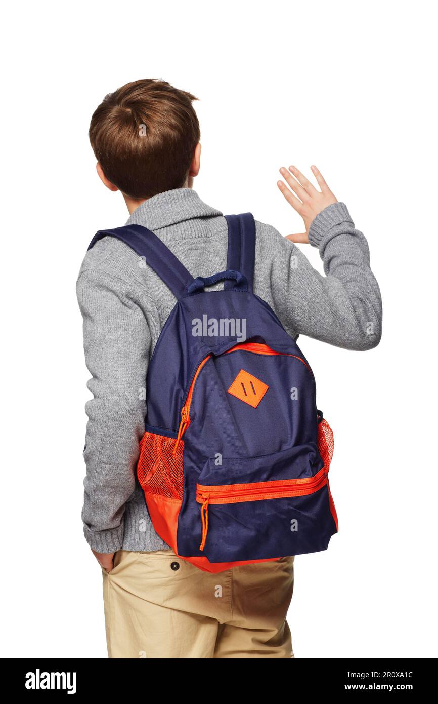 Back, school and a boy with a wave for greeting isolated on a white ...