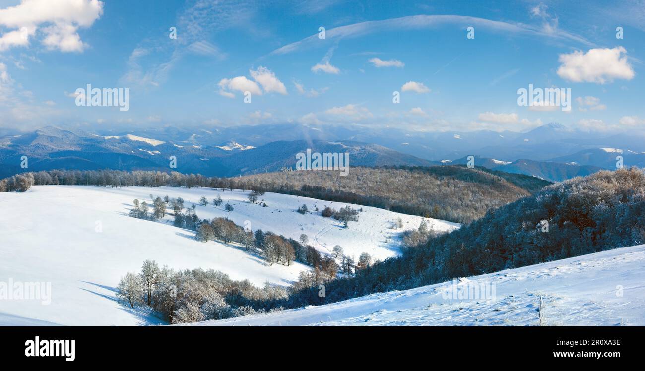 October misty mountain panorama with first winter snow Stock Photo - Alamy