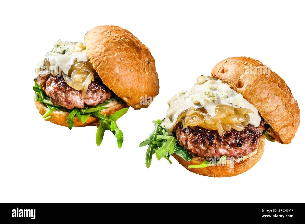 Delicious burgers with blue cheese, marbled beef, onion marmalade and ...