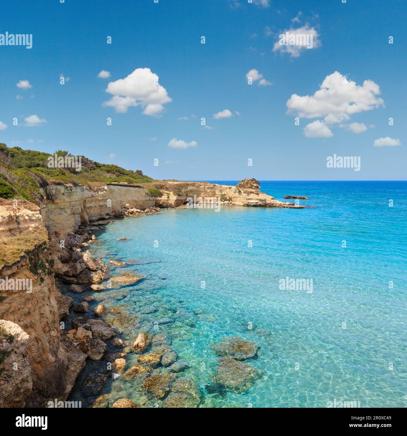 Picturesque seascape with white rocky cliffs, sea bay, islets and ...