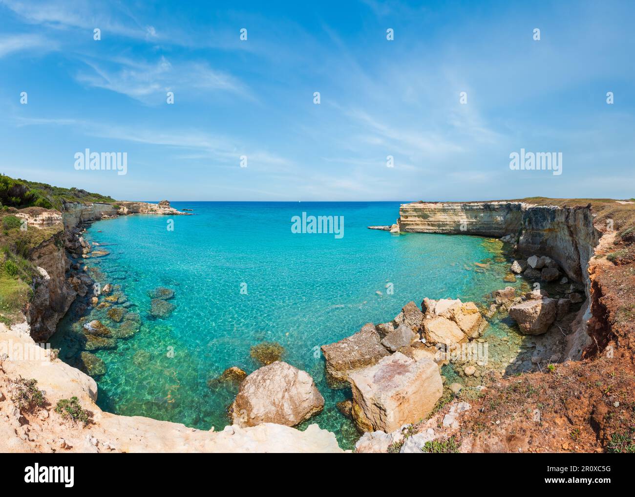 Picturesque seascape with white rocky cliffs, sea bay, islets and ...